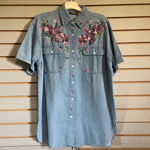 American Rag | Tops | American Rave Denim Shirt Dress Hand Painted ...